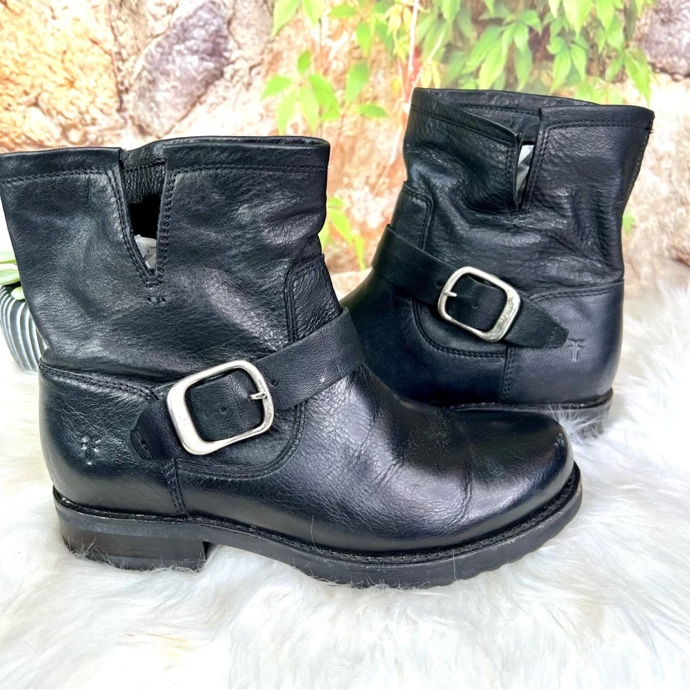 Frye | Shoes | Frye Veronica Black Leather Moto Combat Heritage Classic ...